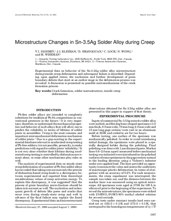(PDF) Microstructure changes in Sn-3.5Ag solder alloy during creep