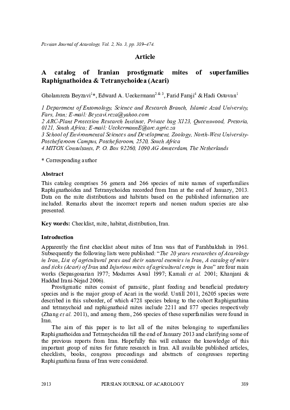 (PDF) Article A catalog of Iranian prostigmatic mites of superfamilies