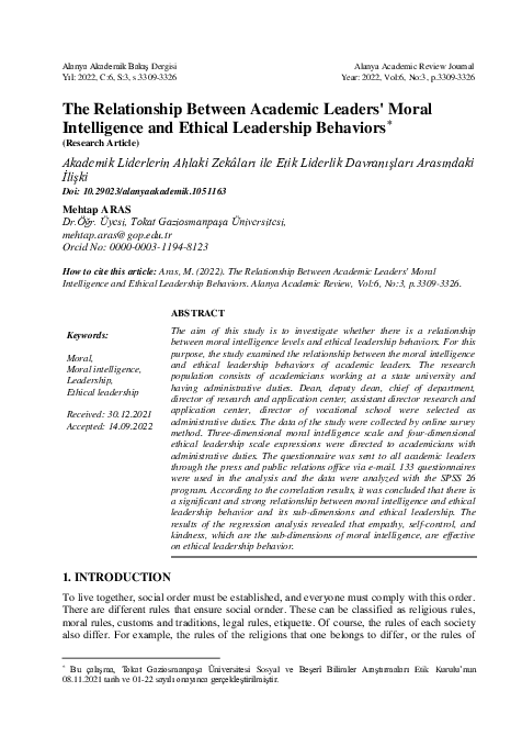 (PDF) The Relationship Between Academic Leaders' Moral Intelligence and Ethical Leadership Behaviors