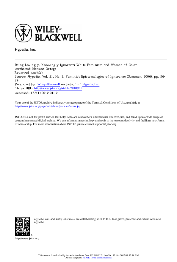 (PDF) Being Lovingly, Knowingly Ignorant: White Feminism and Women of Color