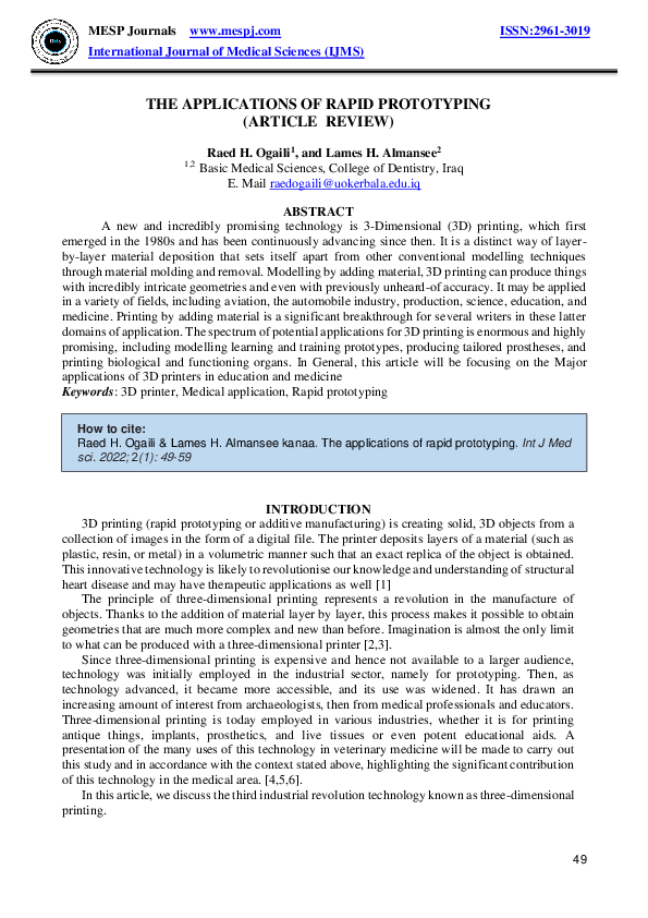 (PDF) The Applications of Rapid Prototyping (Article Review)