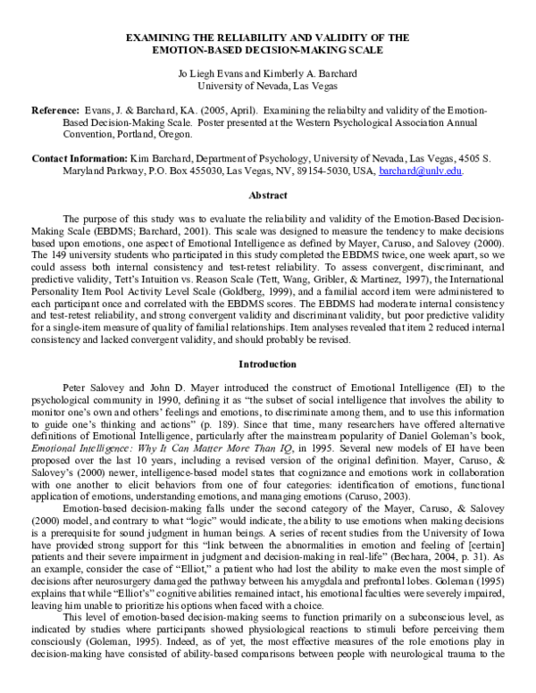 (PDF) Examining the Reliability and Validity of the Emotion-Based Decision-Making Scale