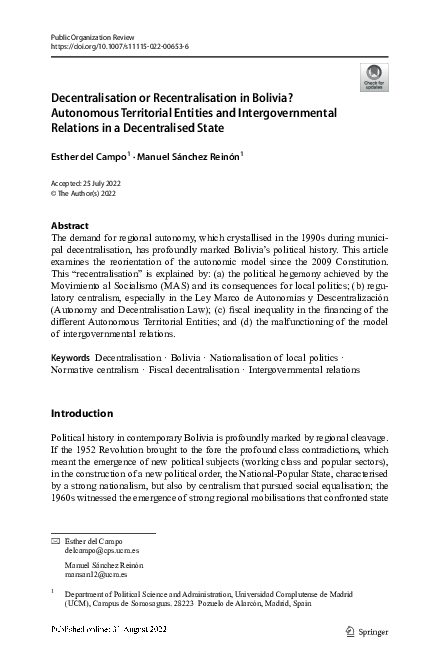 (PDF) Decentralisation or Recentralisation in Bolivia? Autonomous ...