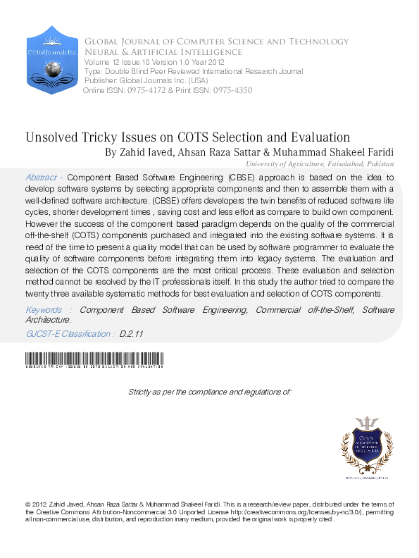 (PDF) Unsolved Tricky Issues on COTS Selection and Evaluation | Zahid Javed - Academia.edu