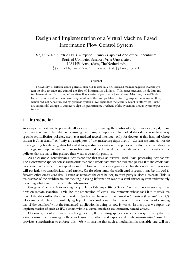 (PDF) Design and implementation of a virtual machine based information flow control system