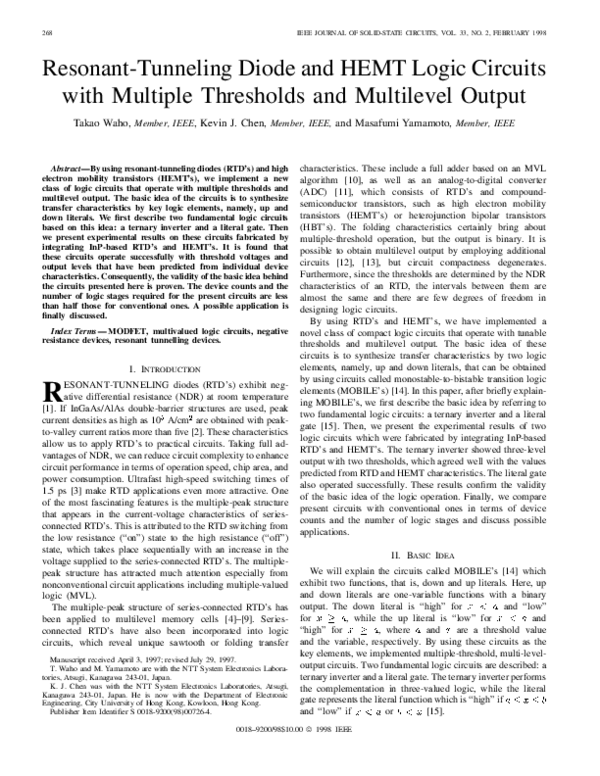 Pdf Resonant Tunneling Diode And Hemt Logic Circuits With Multiple