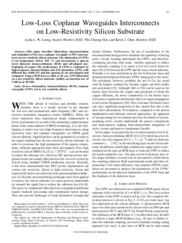 (PDF) Low-Loss Coplanar Waveguides Interconnects on Low-Resistivity Silicon Substrate