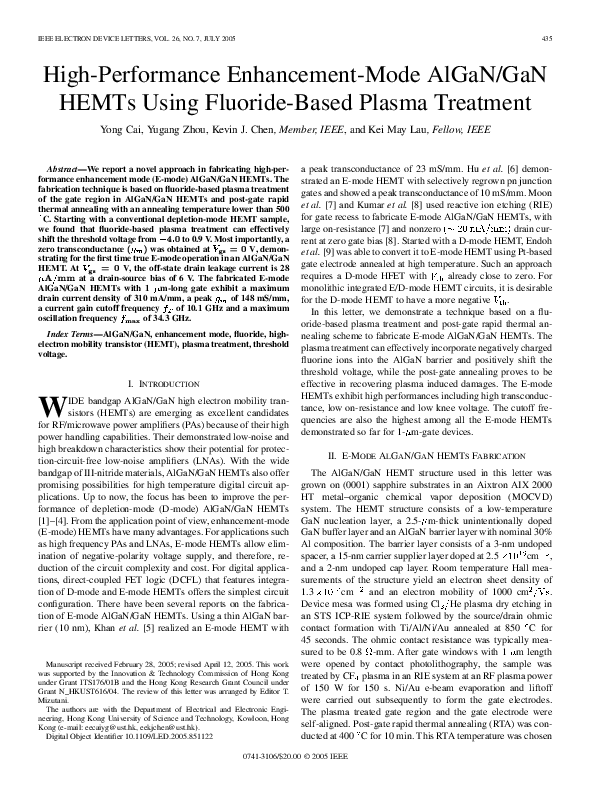 (PDF) High-performance enhancement-mode AlGaN/GaN HEMTs using fluoride-based plasma treatment