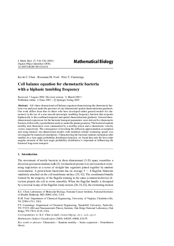 (PDF) Cell balance equation for chemotactic bacteria with a biphasic ...
