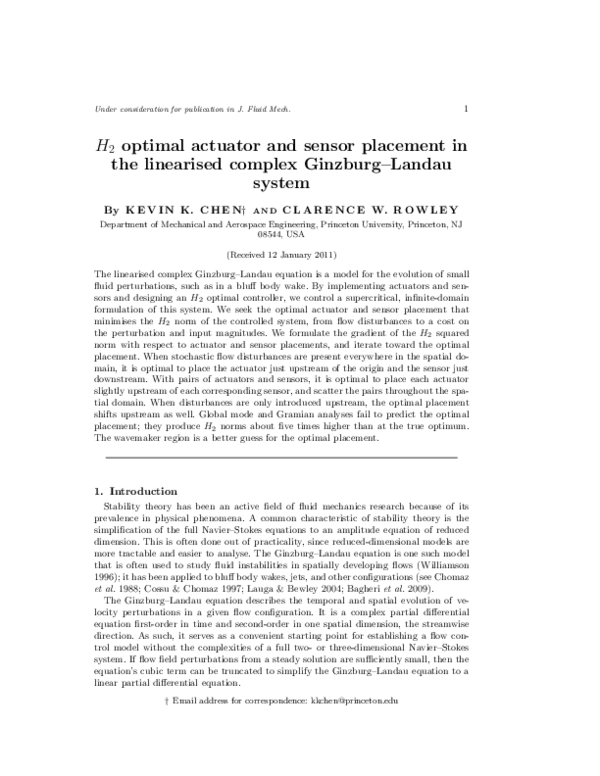 (PDF) H2 optimal actuator and sensor placement in the linearised complex Ginzburg–Landau system
