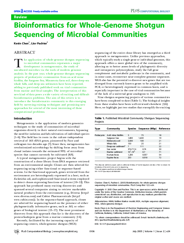 (PDF) Bioinformatics for Whole-Genome Shotgun Sequencing of Microbial Communities