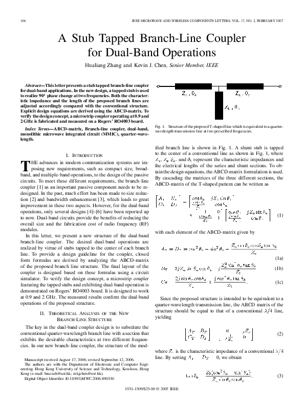 (PDF) A Stub Tapped Branch-Line Coupler for Dual-Band Operations