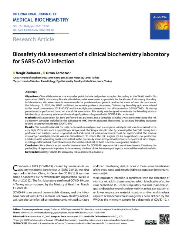 (PDF) Biosafety Risk Assessment of a Clinical Biochemistry Laboratory ...
