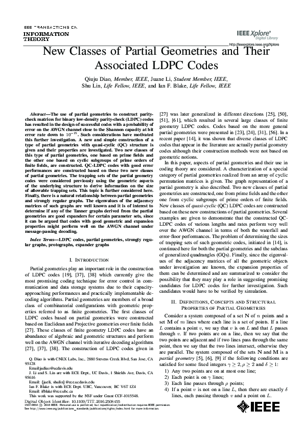 Pdf New Classes Of Partial Geometries And Their Associated Ldpc Codes