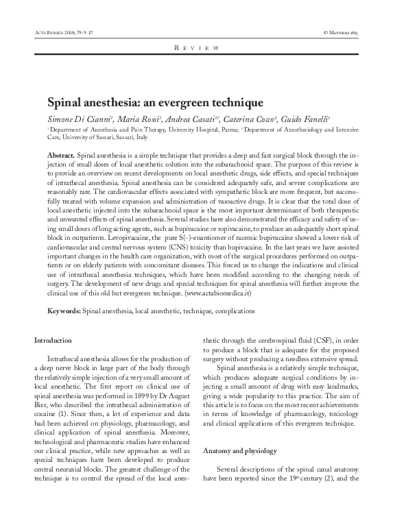 (PDF) Spinal anesthesia: an evergreen technique