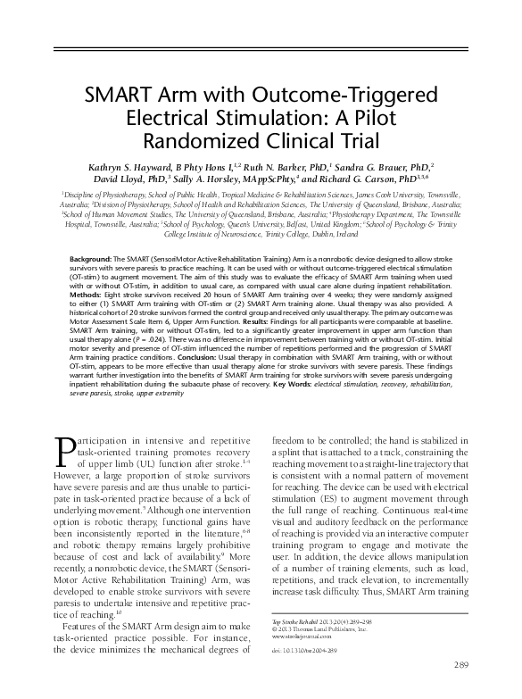 (PDF) SMART Arm with Outcome-Triggered Electrical Stimulation: A Pilot ...