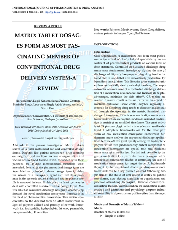 (PDF) Matrix Tablet Dosag-Es Form as Most Fas-Cinating Member of ...