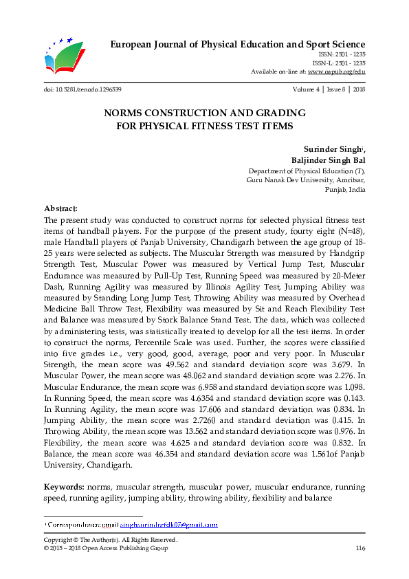 (PDF) Norms Construction and Grading for Physical Fitness Test Items