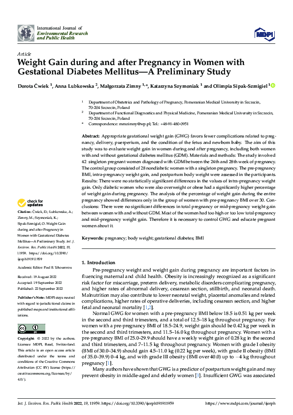(PDF) Weight Gain during and after Pregnancy in Women with Gestational ...