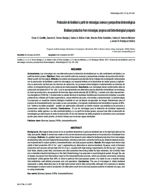(PDF) Biodiesel production from microalgae: progress and biotechnological prospects