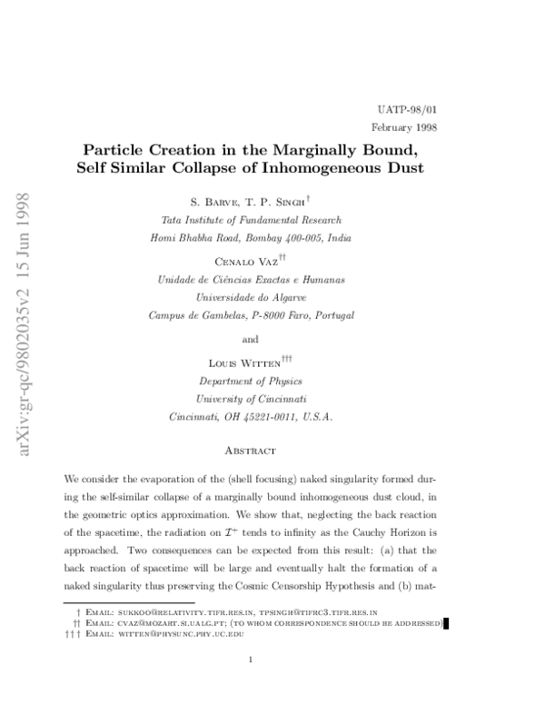 (PDF) Particle creation in the marginally bound, self-similar collapse of inhomogeneous dust ...