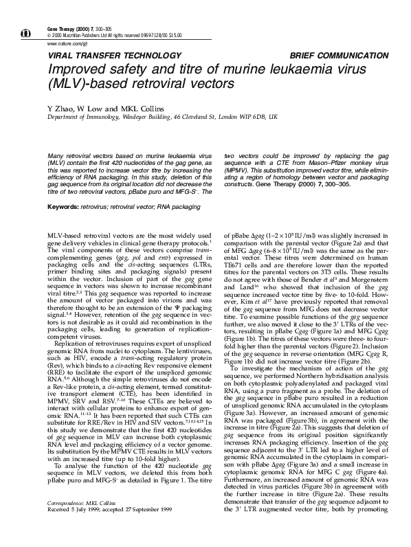 (PDF) Improved safety and titre of murine leukaemia virus (MLV)-based retroviral vectors