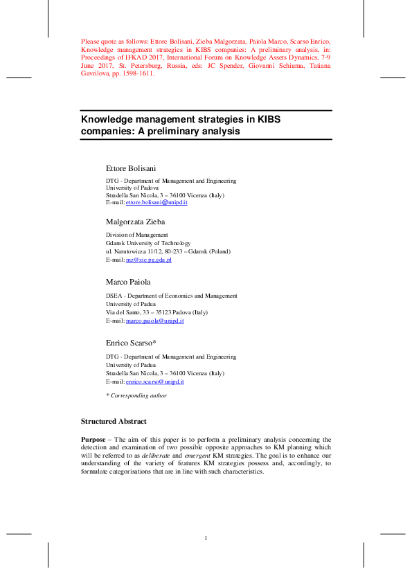 (PDF) Knowledge management strategies in KIBS companies: A preliminary analysis
