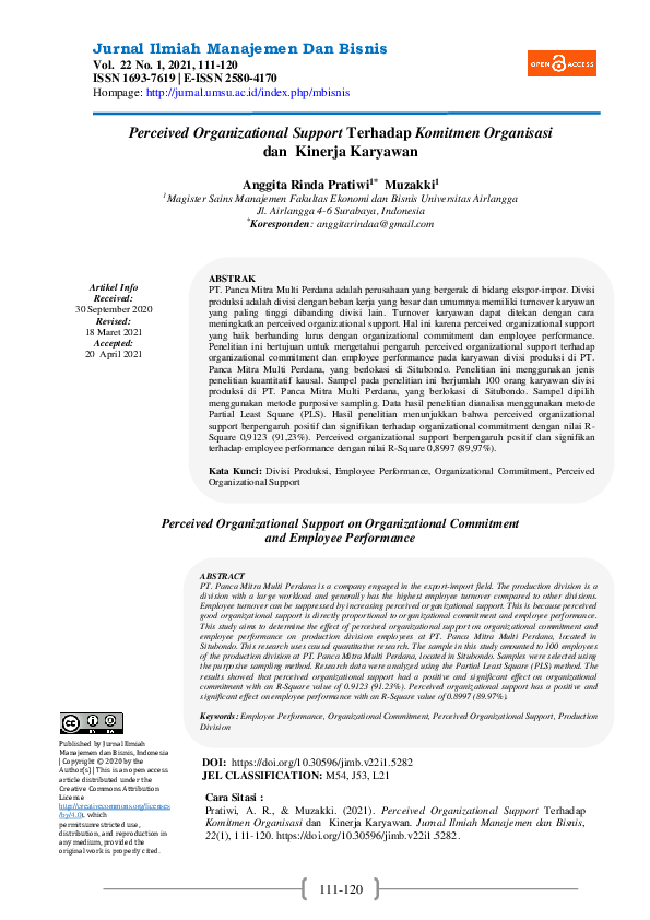 (PDF) Perceived Organizational Support Terhadap Komitmen Organisasi dan Kinerja Karyawan