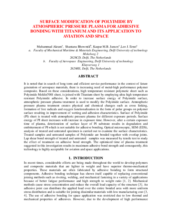 (PDF) Space Durable Polymeric Composite Modified by Low Pressure Plasma ...