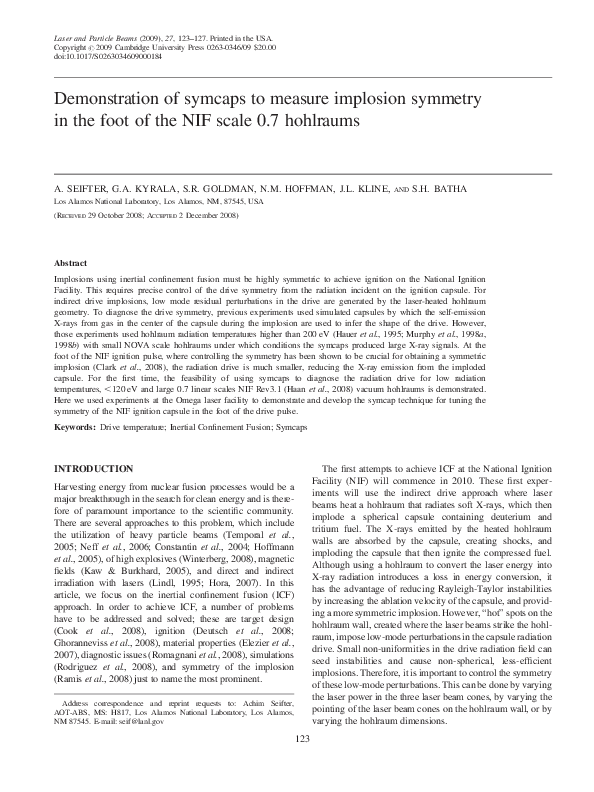 (PDF) Demonstration of symcaps to measure implosion symmetry in the ...