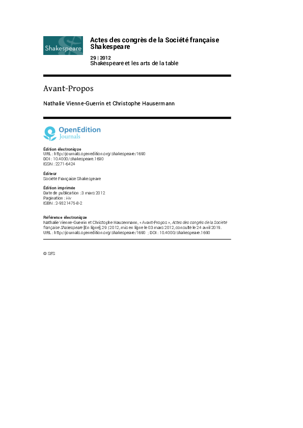 (PDF) Avant propos : Shakespeare et les arts de la table