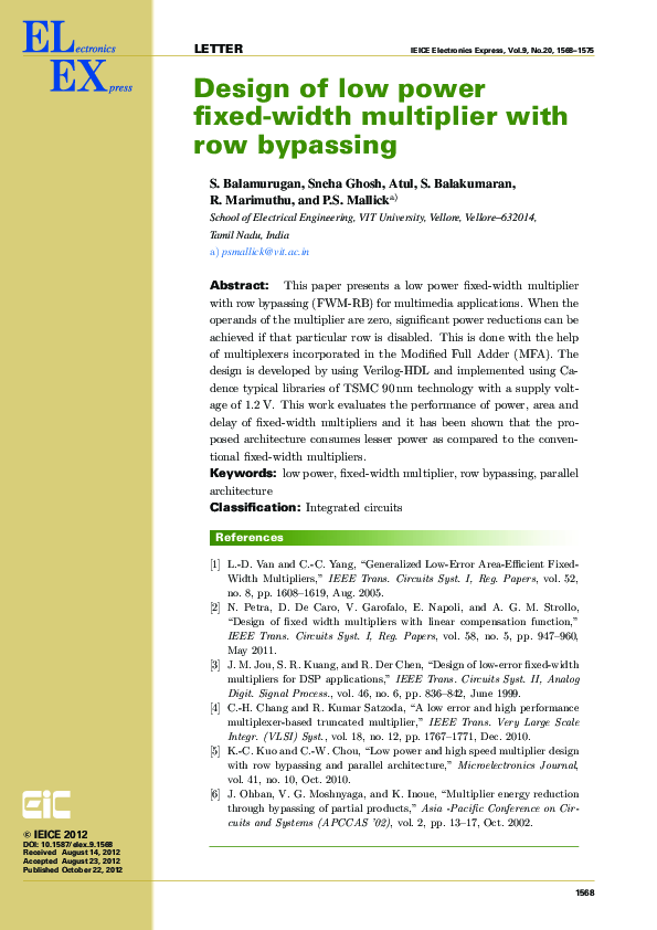 (PDF) Design of low power fixed-width multiplier with row bypassing