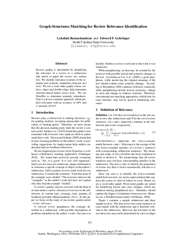 (PDF) Graph-Structures Matching for Review Relevance Identification