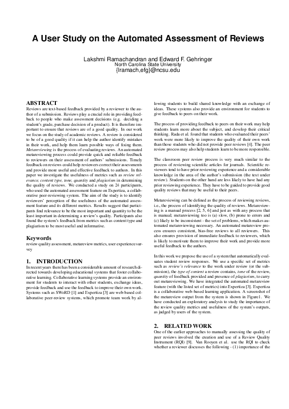 (PDF) A User Study on the Automated Assessment of Reviews