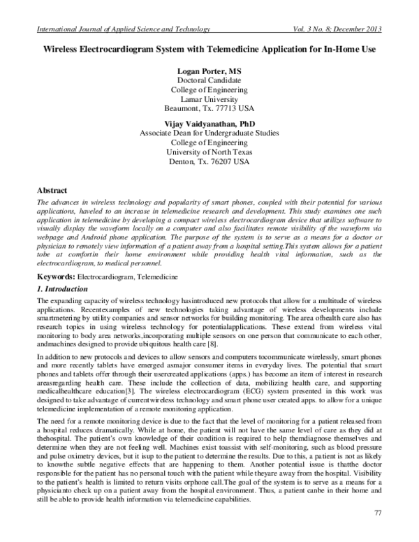Pdf Wireless Electrocardiogram System With Telemedicine Application For In Home Use