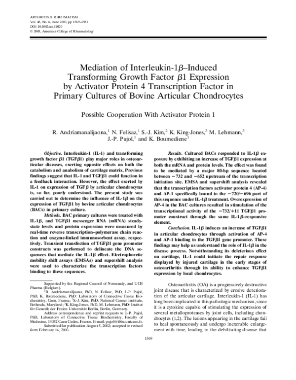(PDF) Mediation of interleukin-1?-induced transforming growth factor ?1 expression by activator ...