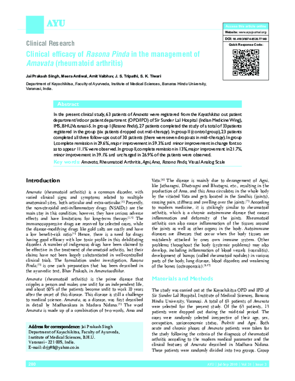 (PDF) Clinical efficacy of Rasona Pinda in the management of Amavata ...
