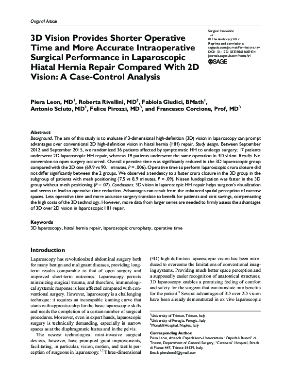 (PDF) 3D Vision Provides Shorter Operative Time and More Accurate Intraoperative Surgical ...