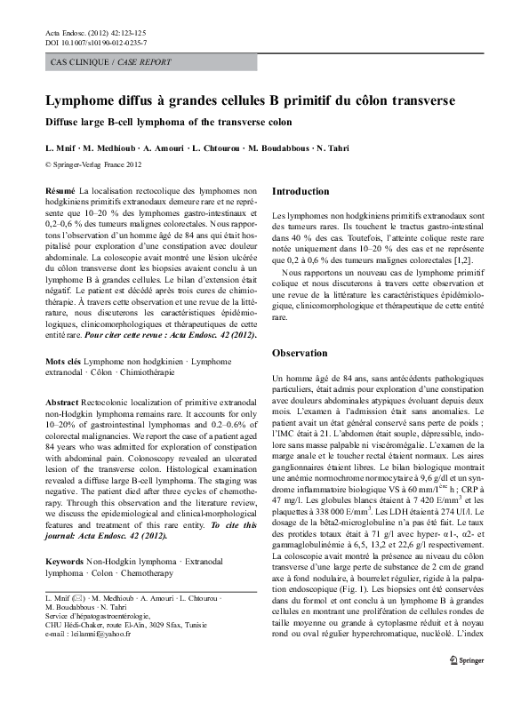 (PDF) Lymphome diffus à grandes cellules B primitif du côlon transverse