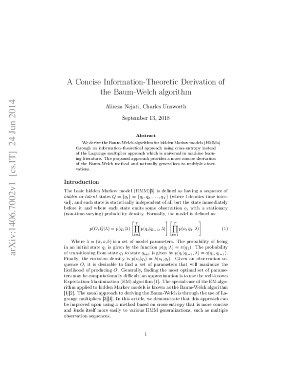 (PDF) 4 A Concise Information-Theoretic Derivation of the Baum-Welch algorithm