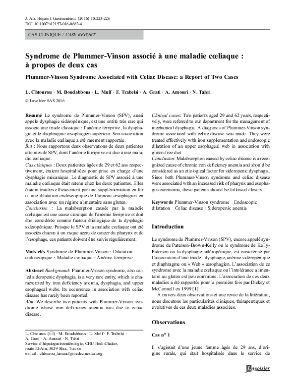 Syndrome de Plummer-Vinson associé à une maladie cœliaque : à propos de ...