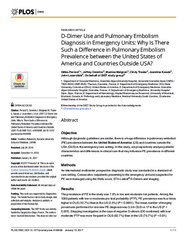 (PDF) D-Dimer Use and Pulmonary Embolism Diagnosis in Emergency Units ...