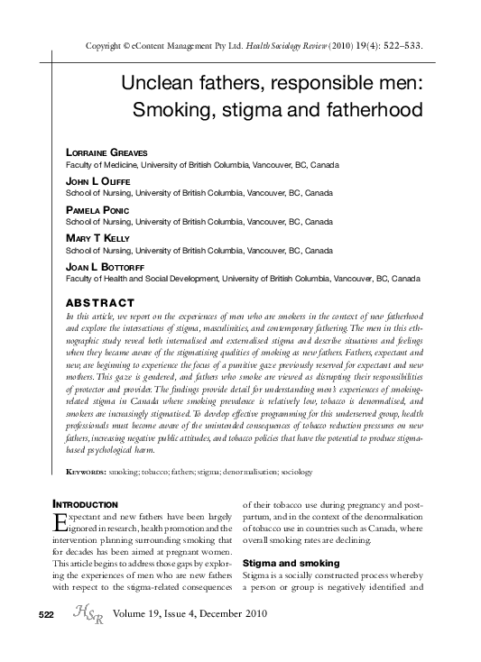 (PDF) Unclean fathers, responsible men: Smoking, stigma and fatherhood
