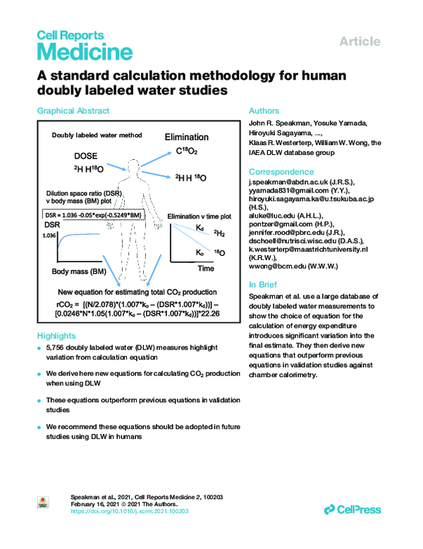(PDF) A standard calculation methodology for human doubly labeled water ...