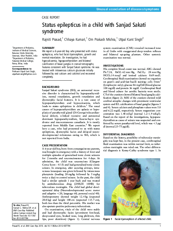 (PDF) Status epilepticus in a child with Sanjad Sakati syndrome