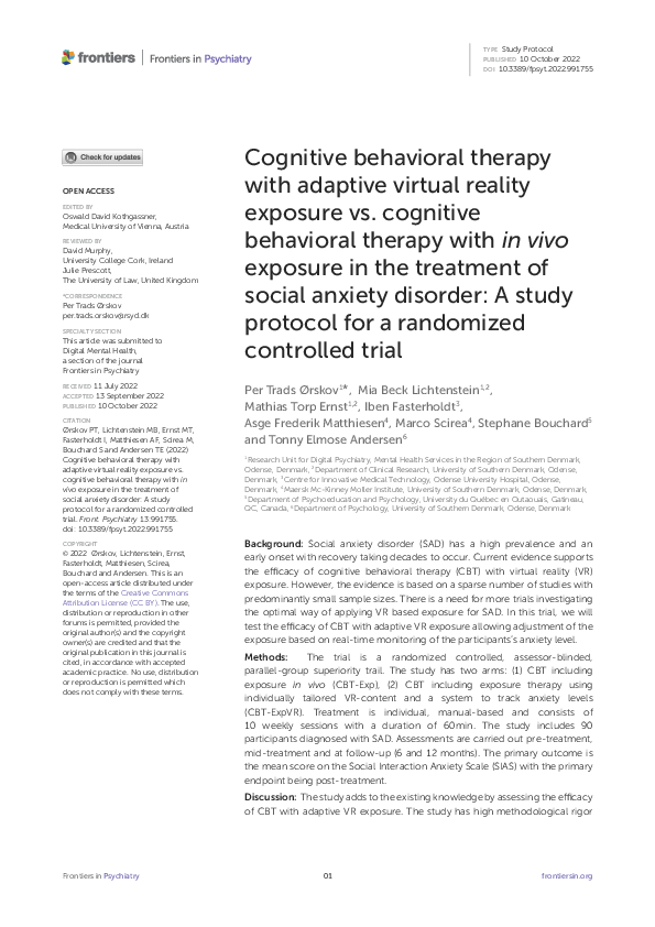 (PDF) Cognitive behavioral therapy with adaptive virtual reality exposure vs. cognitive ...