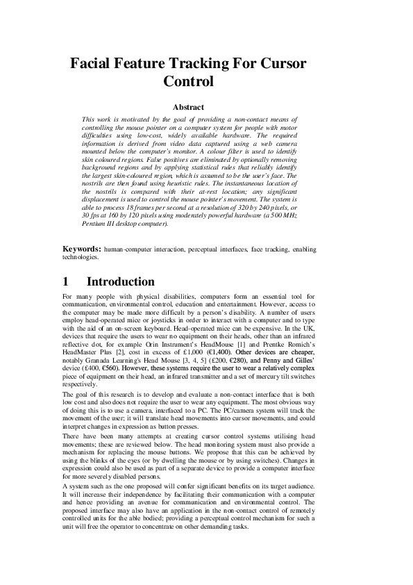(PDF) Non-contact Cursor Control via Facial Tracking