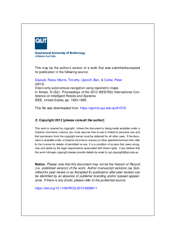(PDF) Vision-only autonomous navigation using topometric maps