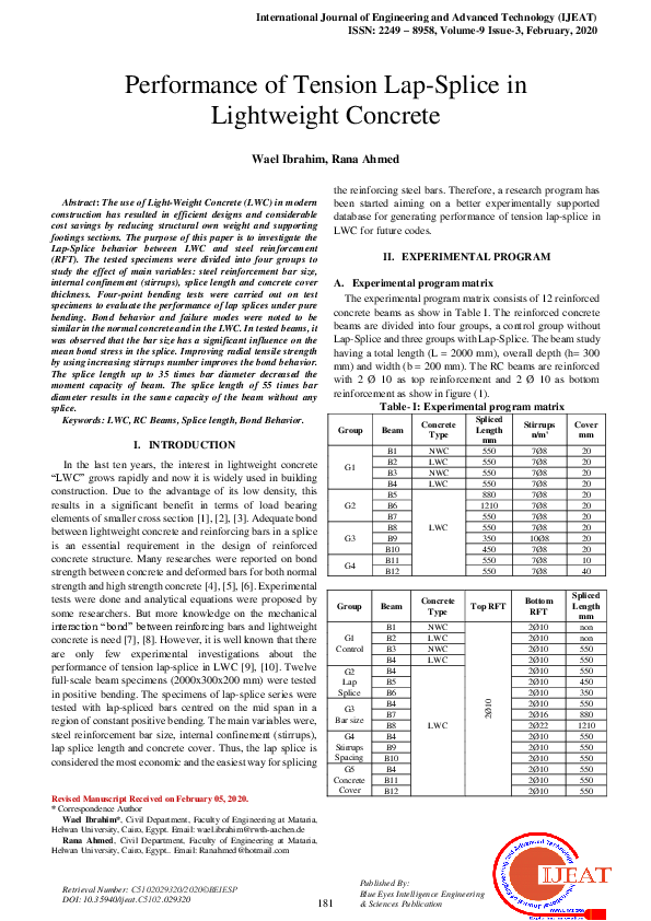 (PDF) Performance of Tension Lap-Splice in Lightweight Concrete