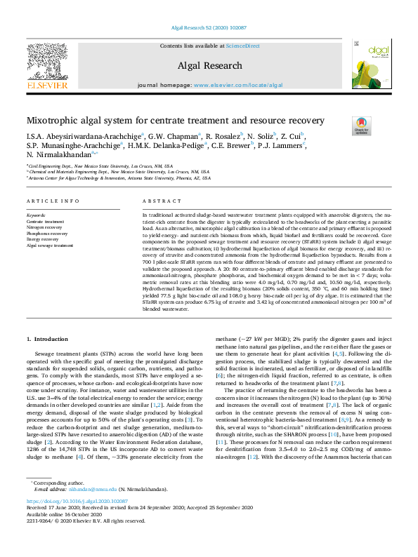 (PDF) Mixotrophic algal system for centrate treatment and resource ...